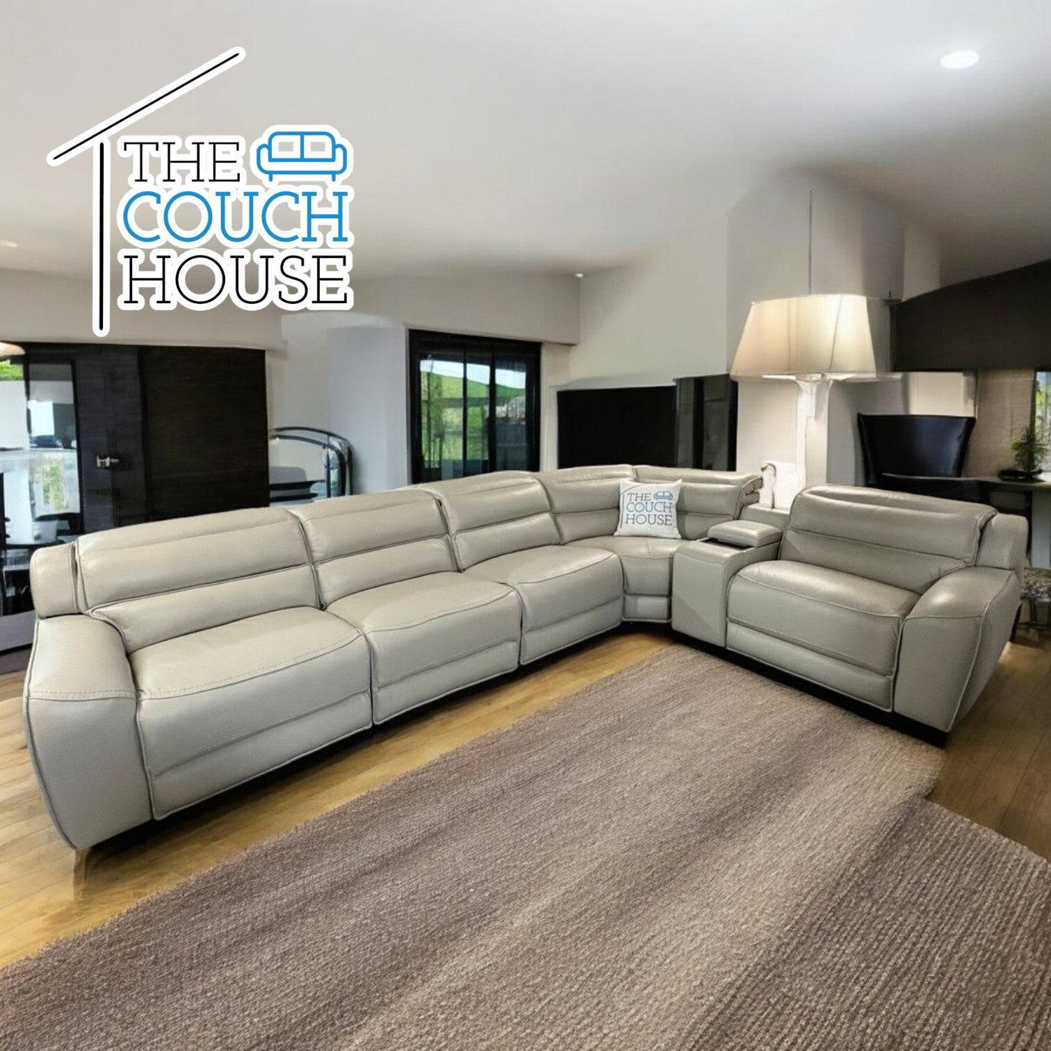 Milan Fog Leather Power Reclining Sectional with Power Headrest | The Couch House